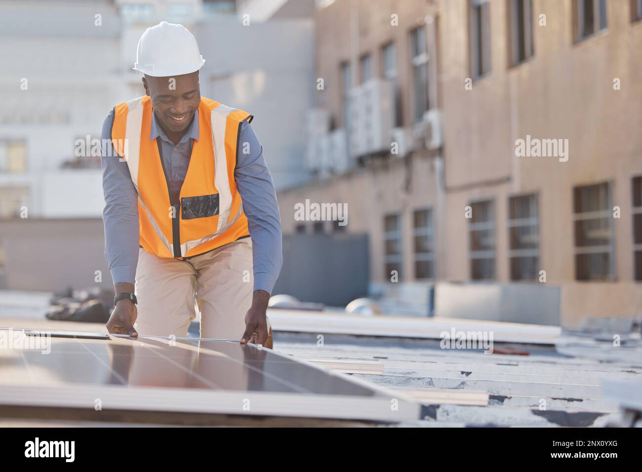 Black man working, engineer and solar panel electrician with ...