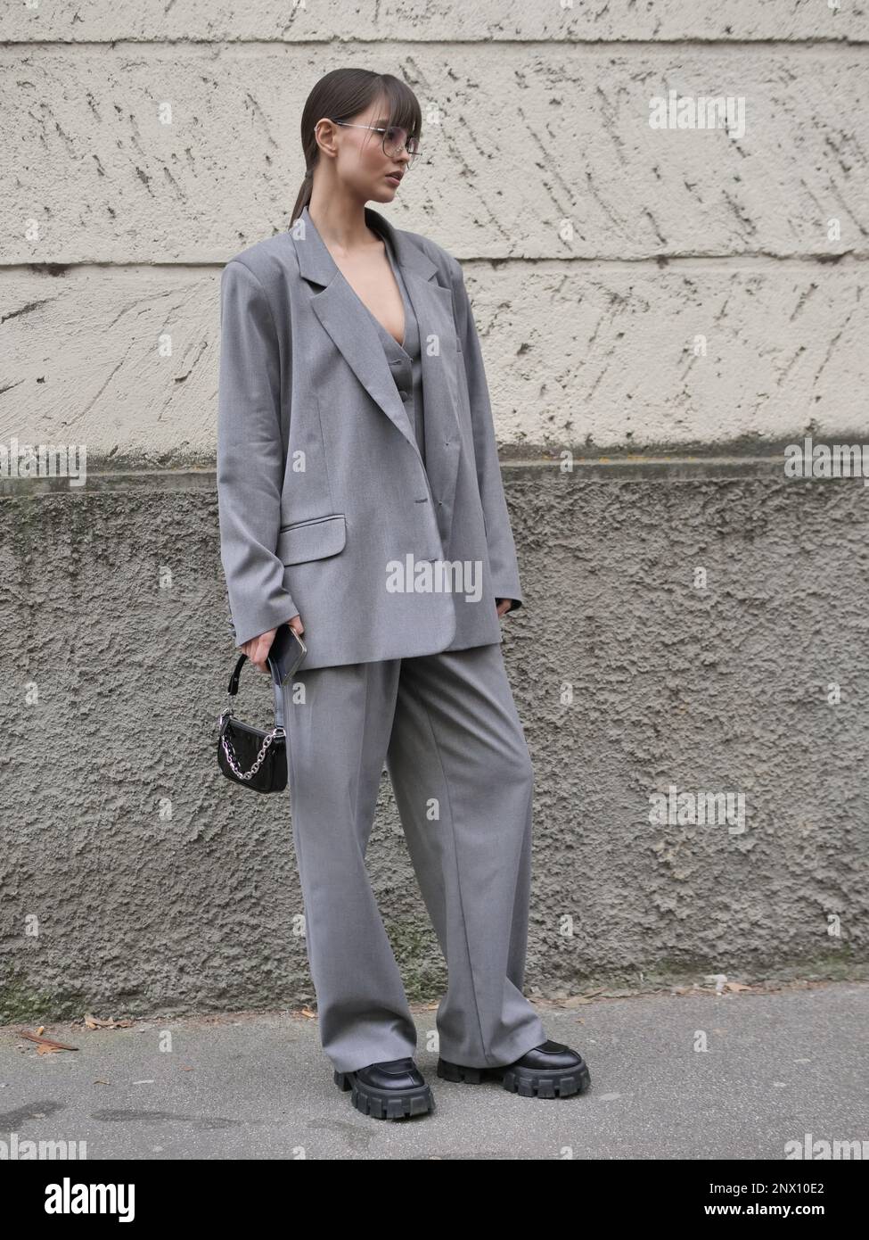 Vladislava Evtushenko street style outfit before Calcaterra fashion ...