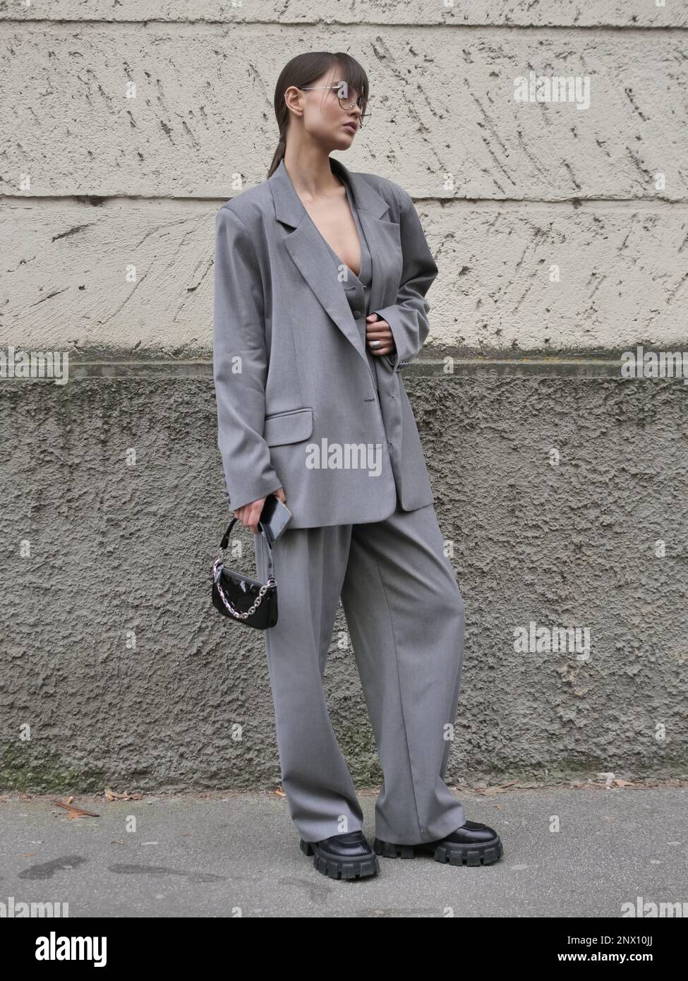 Vladislava Evtushenko street style outfit before Calcaterra fashion ...