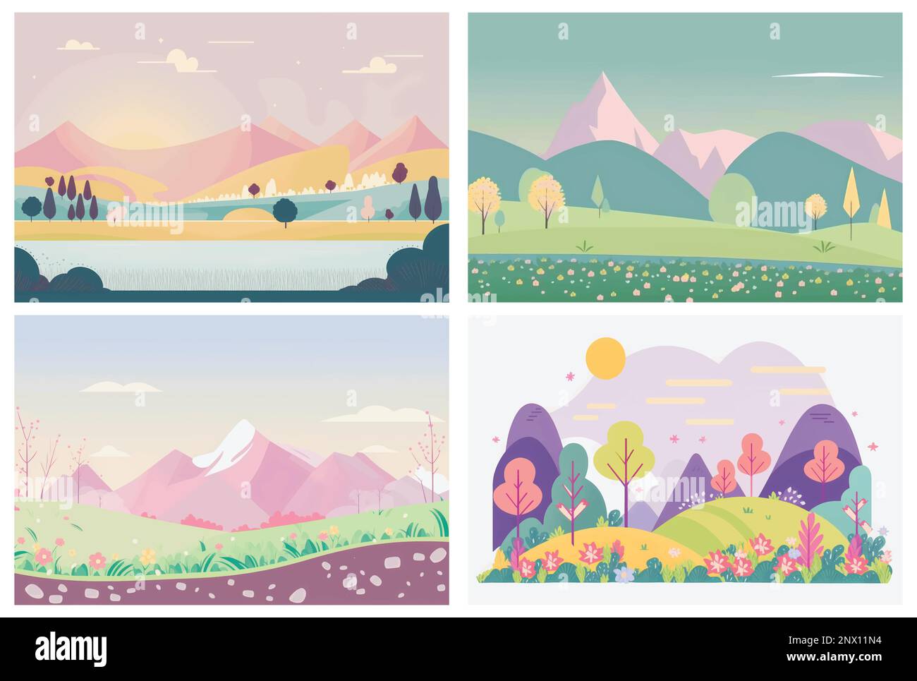 Peaceful natural landscape illustration with green trees, rolling hills ...