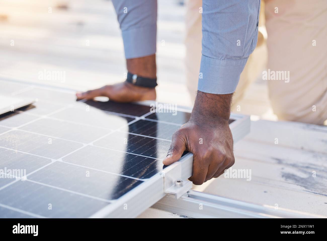 Black man hands, engineer and solar panel grid of construction worker ...