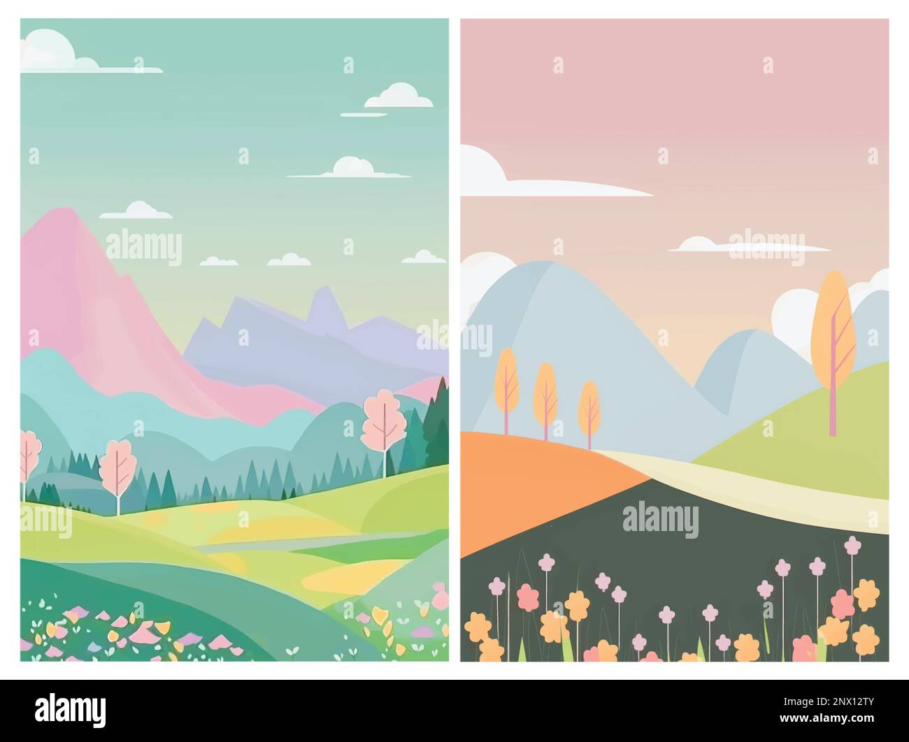 Peaceful natural landscape illustration with green trees, rolling hills ...