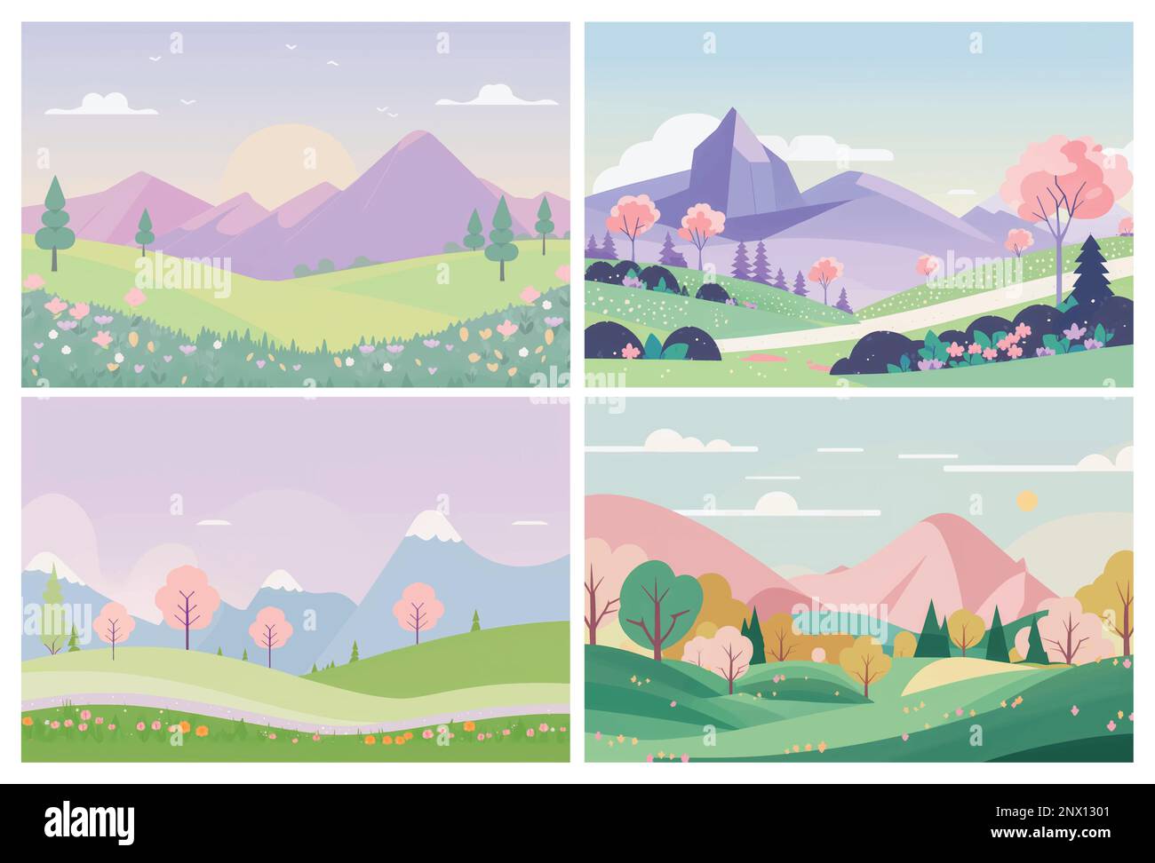 Peaceful natural landscape illustration with green trees, rolling hills ...