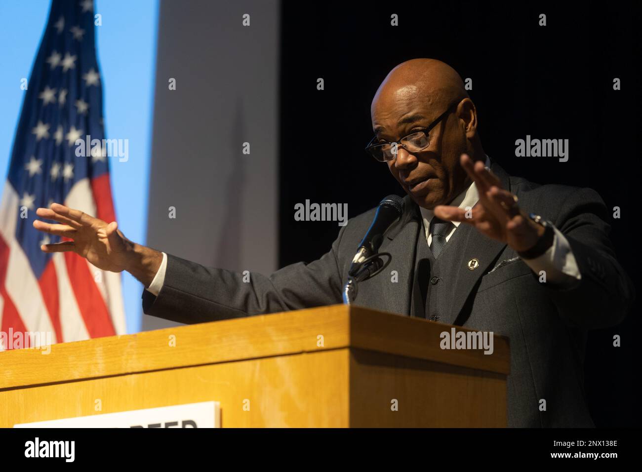 Retired Army Col. Charles Mills, shares remarks as the guest speaker ...