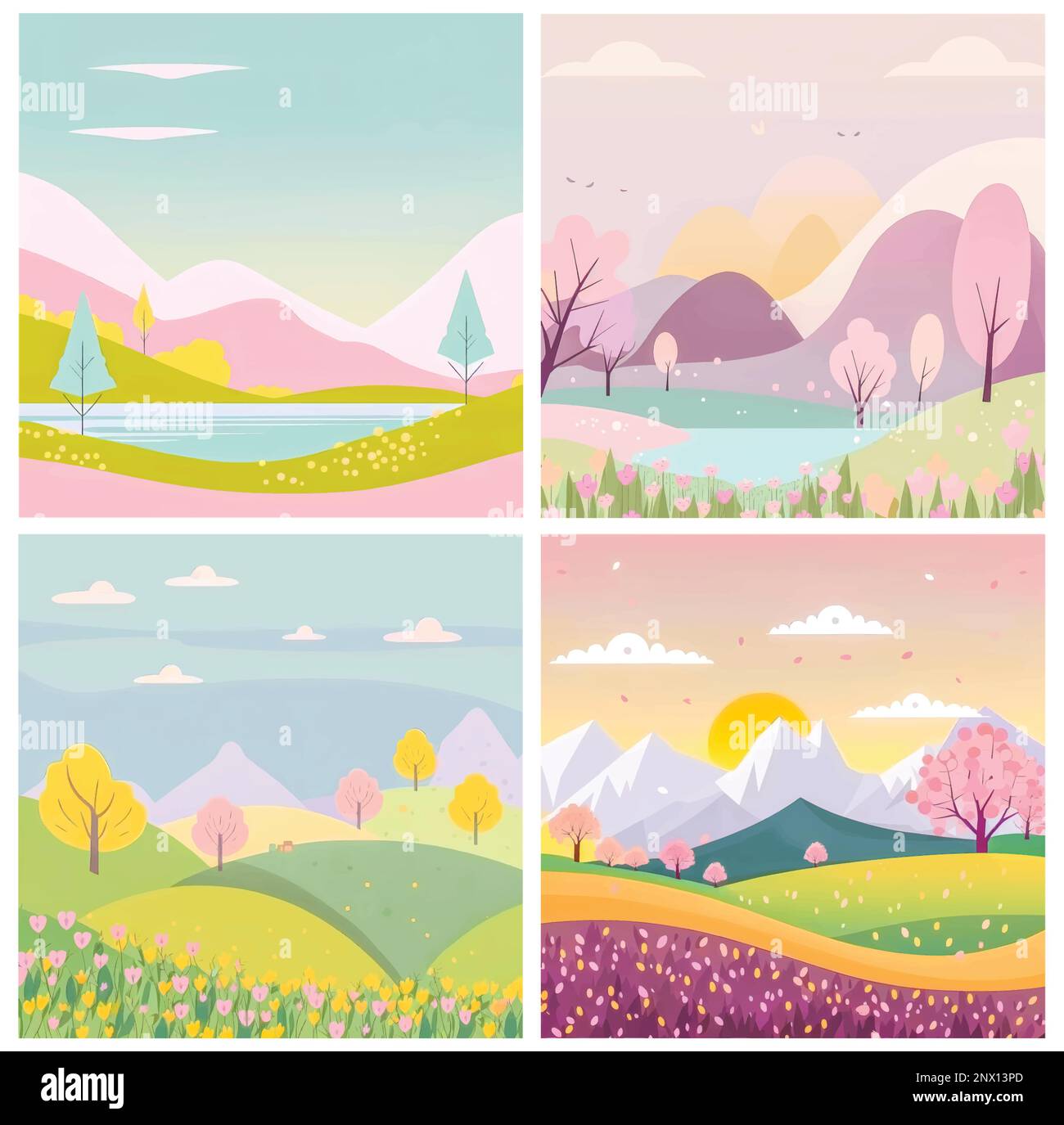 Peaceful natural landscape illustration with green trees, rolling hills ...