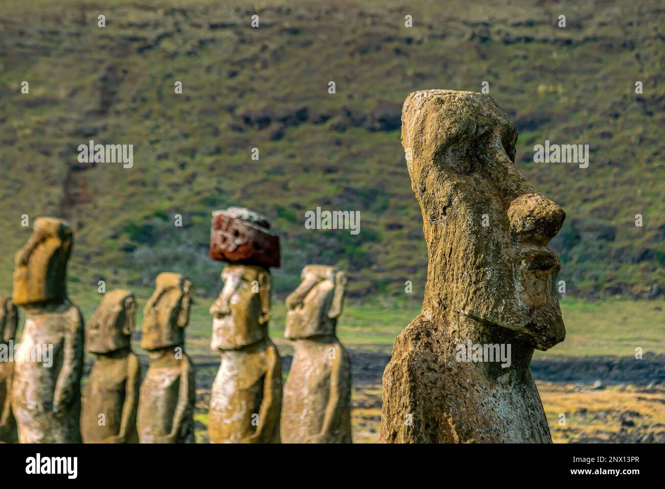 The ancient moai of Ahu Togariki, on Easter Island of Chile Stock Photo ...