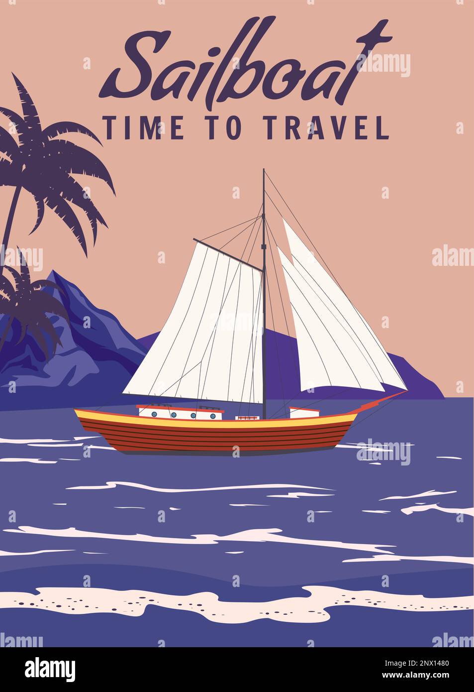 Poster Vintage Sailboat Time To Travel sailing ship on the ocean, sea ...