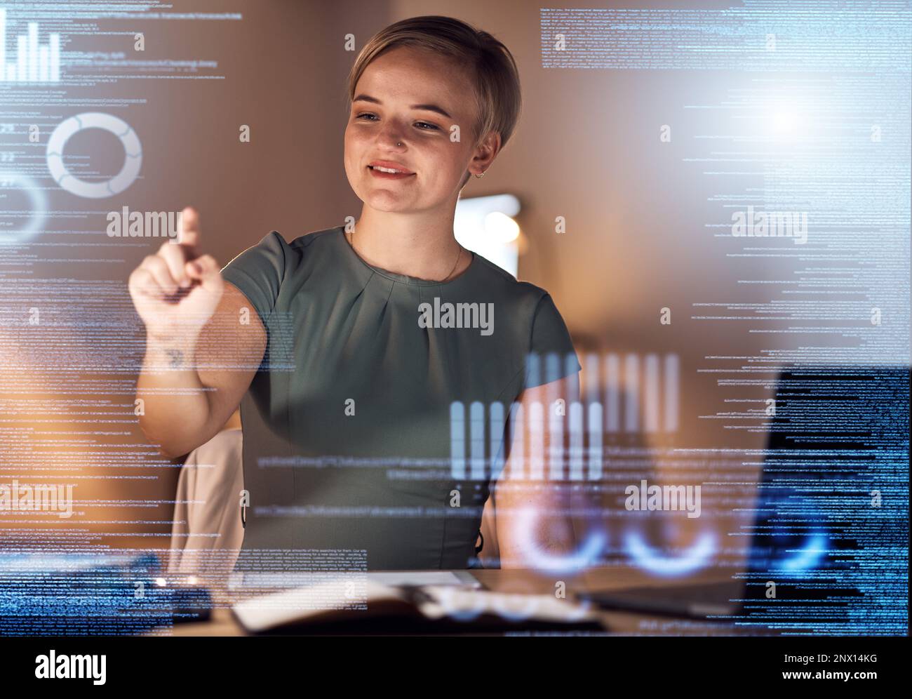 Hands, coding or interactive abstract for business woman in night ...