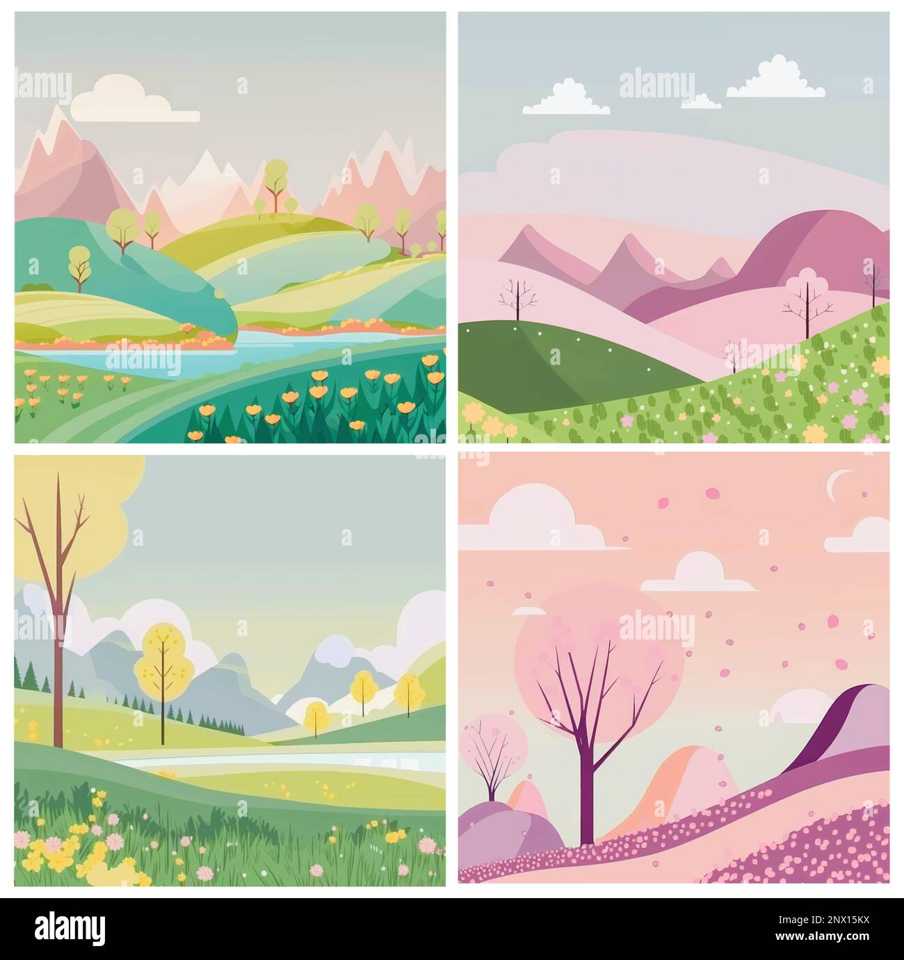 Peaceful natural landscape illustration with green trees, rolling hills ...