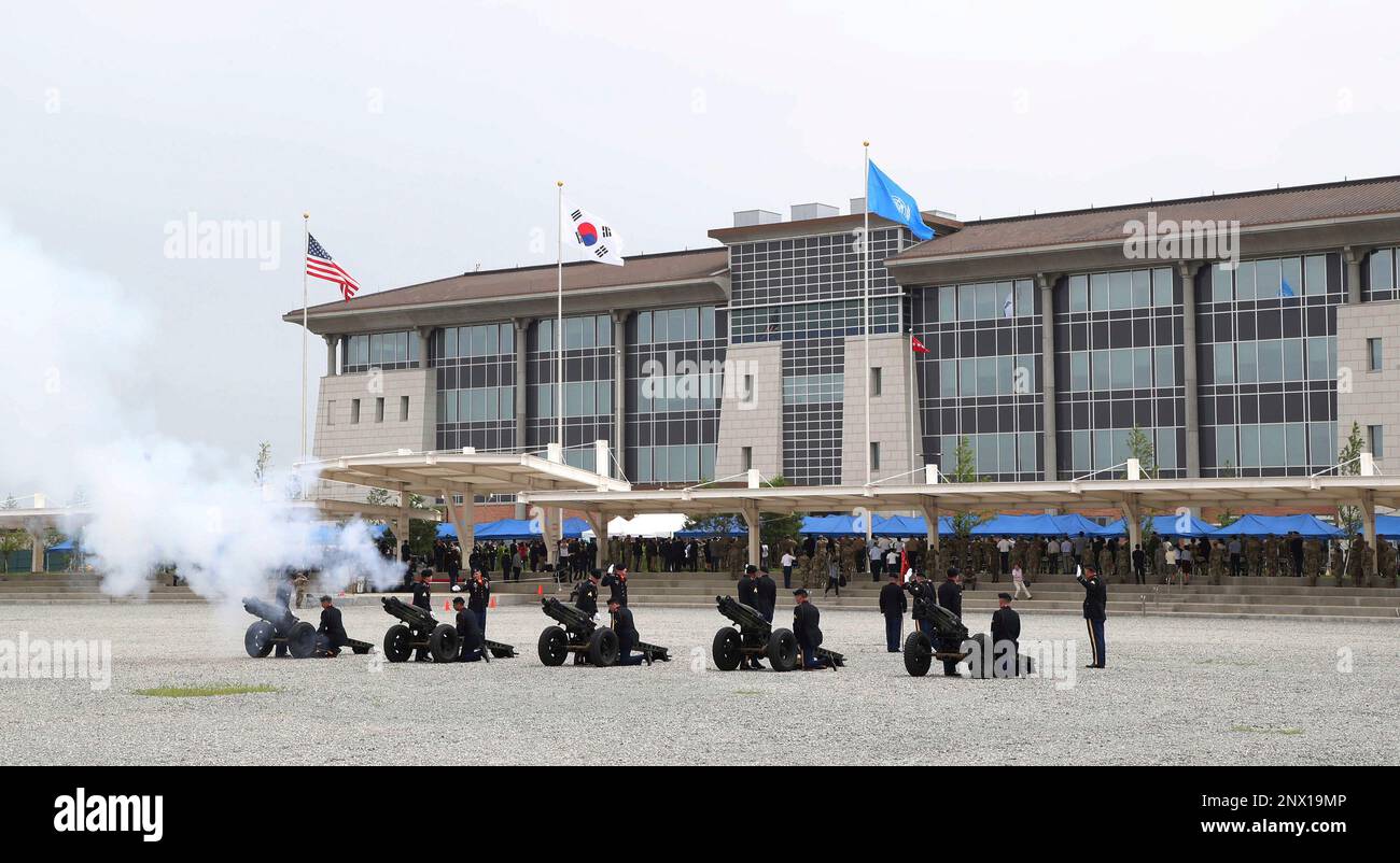 U.S. Army soldiers fire cannons during an opening ceremony for the new ...