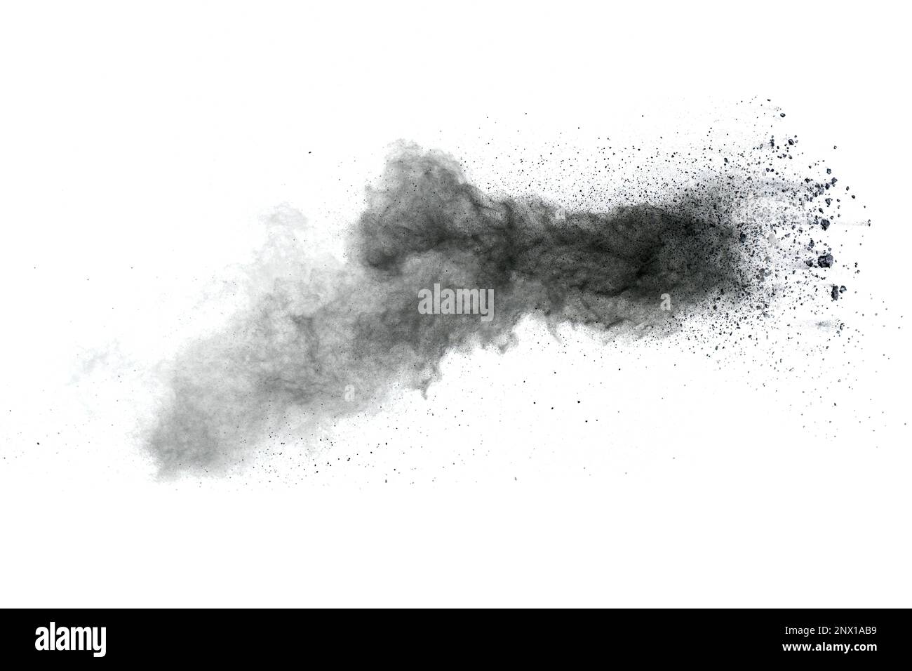 Black powder explosion on white background.Black dust particles splash ...