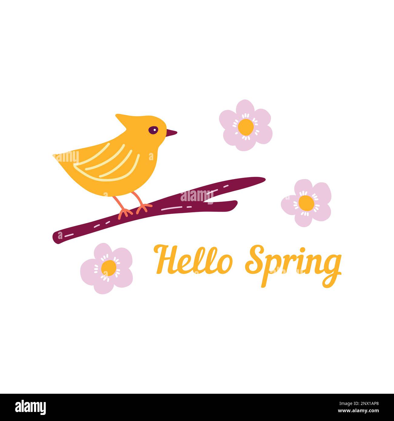 Cute yellow bird is sitting on branch with chamomile, daisies. Text ...