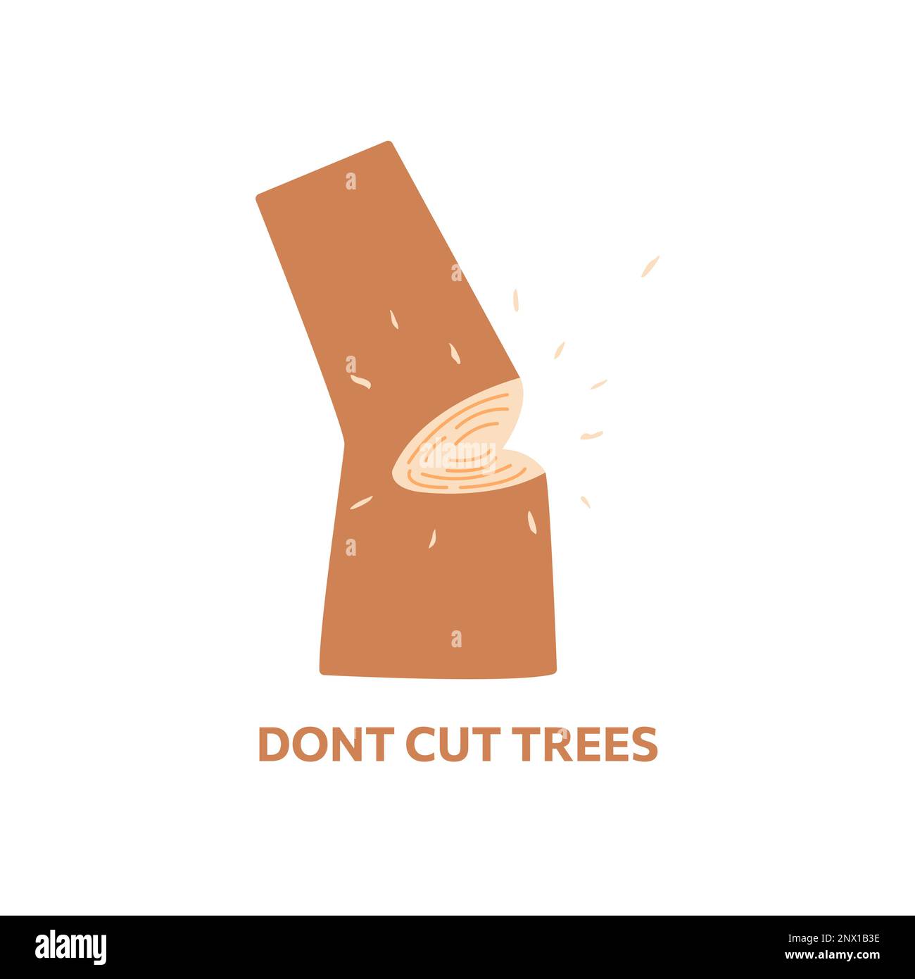 Half cut down tree. Sawdust flying to the sides. Inscription dont cut ...