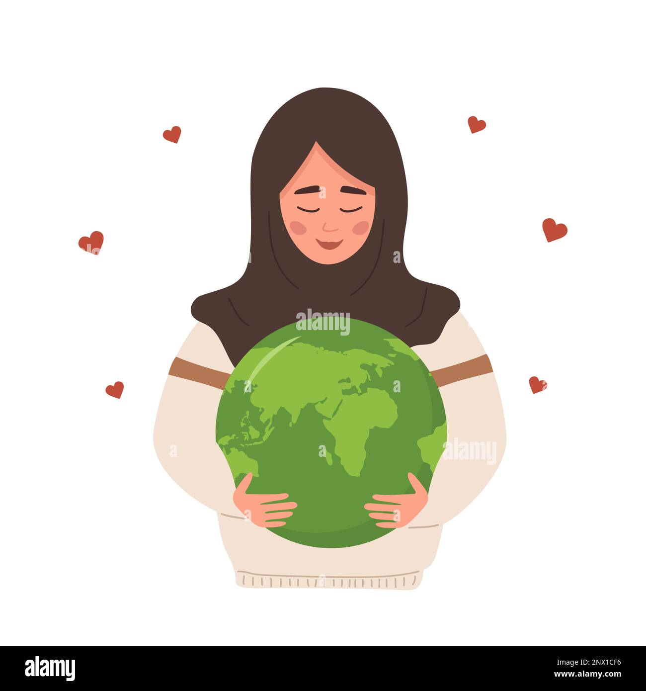 Happy Earth day. Smiling arabian girl holding Planet with care and love ...