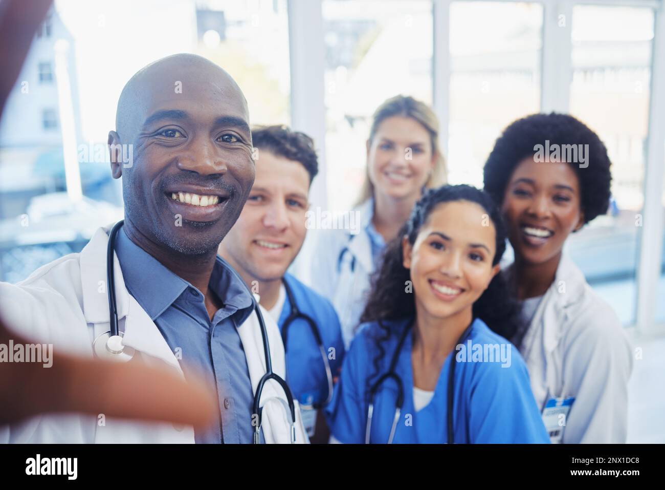 Healthcare, portrait and selfie by doctors at hospital, happy and proud ...