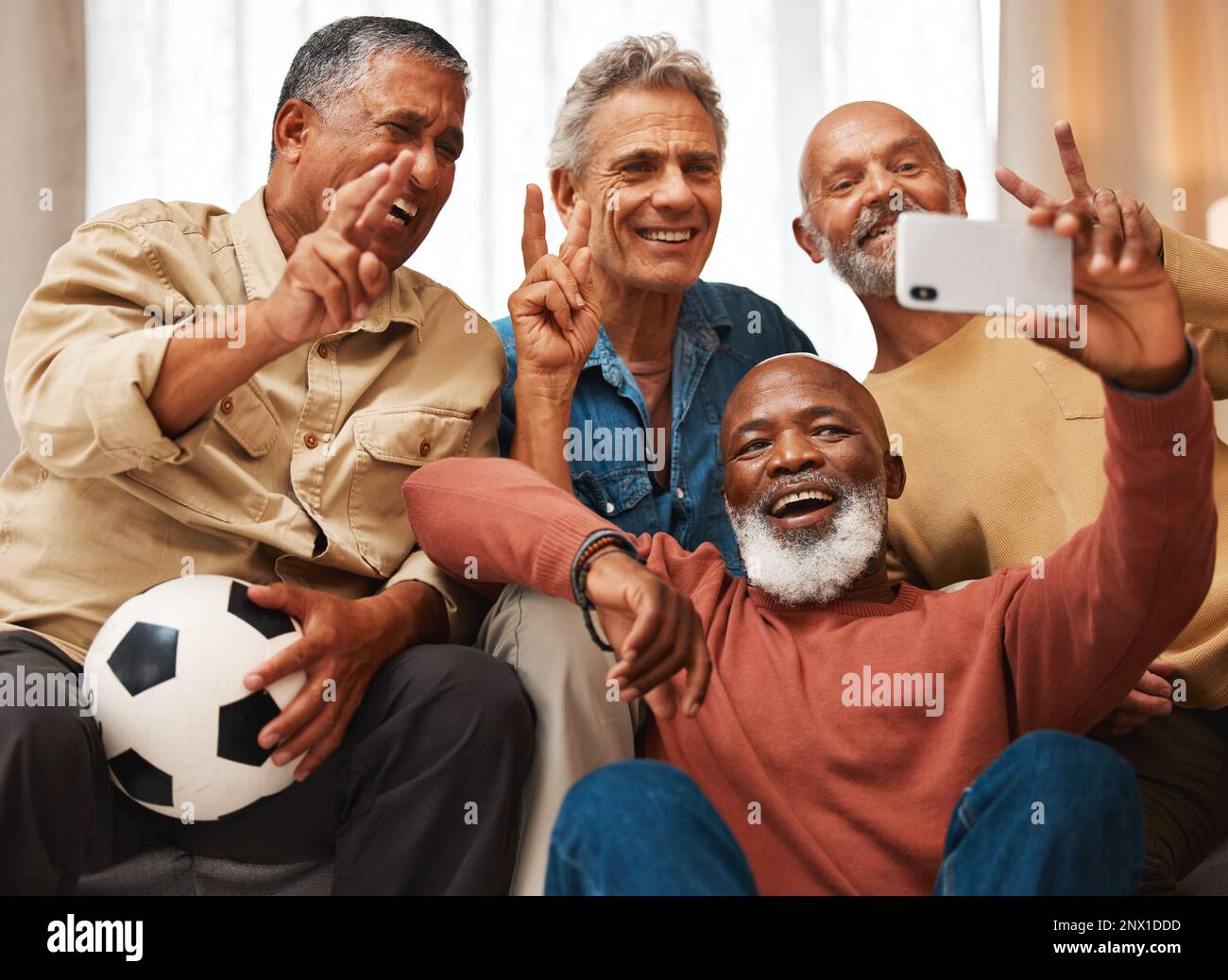 Selfie, men and senior friends with peace sign in house, having fun and ...