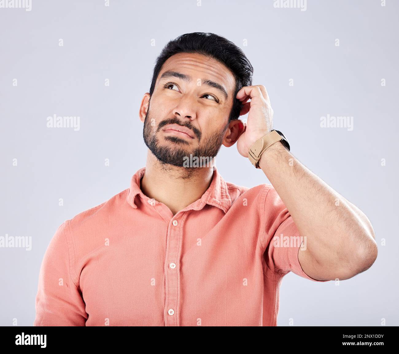 Confused, thinking and Asian man with gesture for an idea isolated on a ...