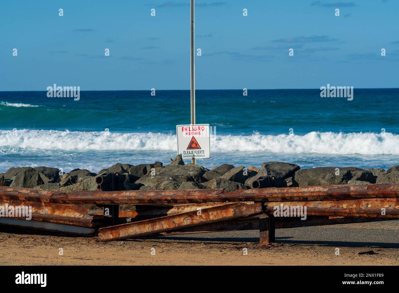 Dangerous beach sign in the beach in Piñones Loiza Puerto Rico Stock ...