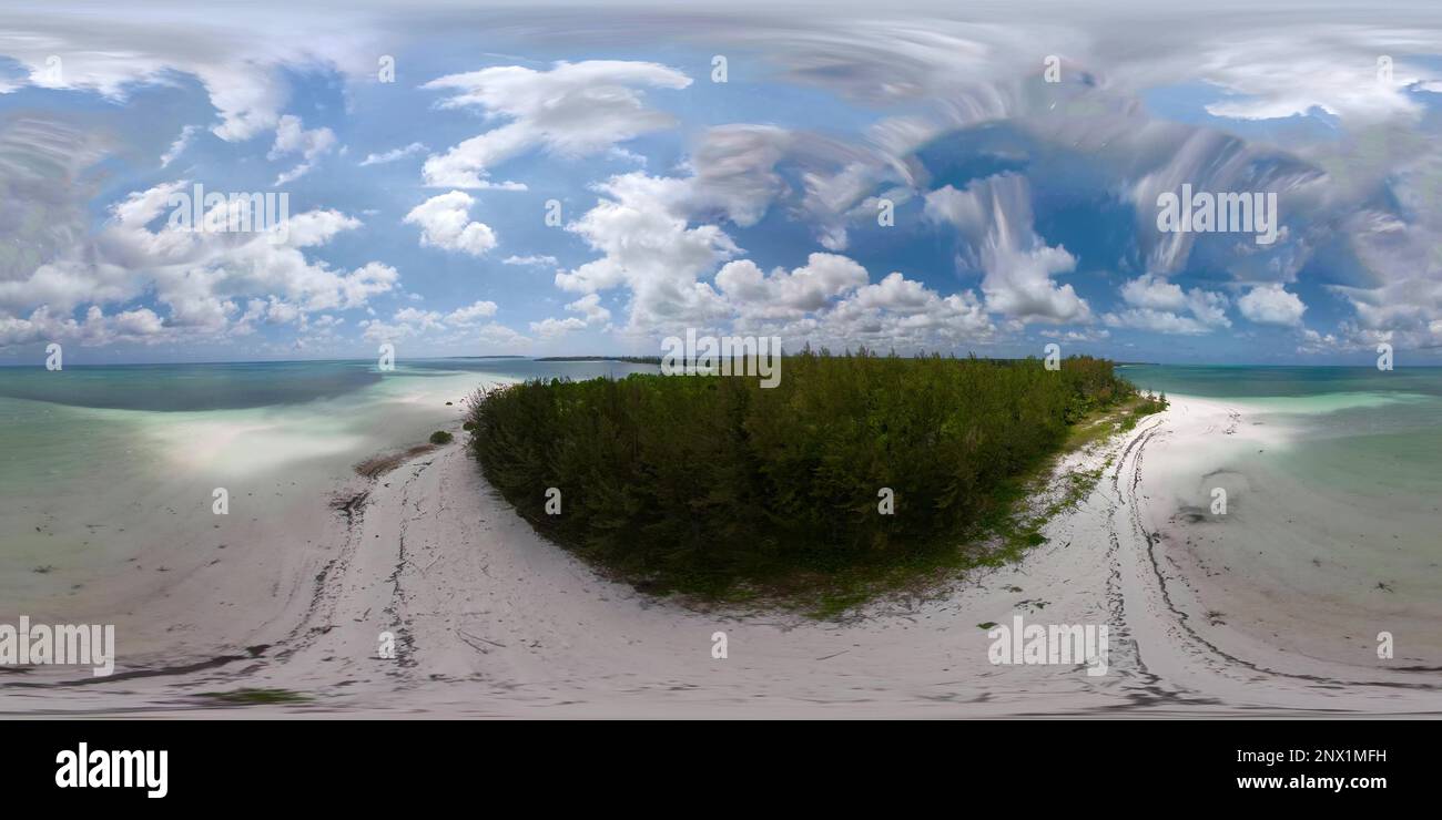 360VR: Tropical island with sandy beach by atoll with coral reef and ...