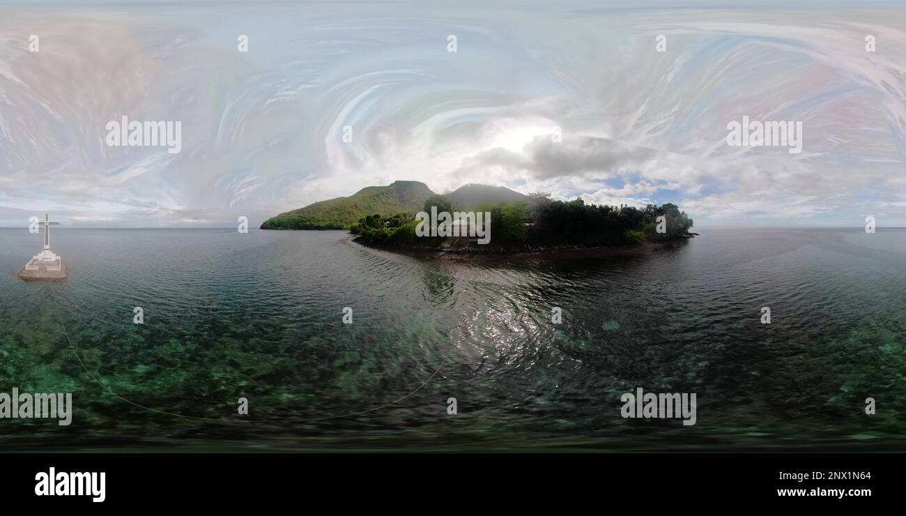 Catholic cross in sunken cemetery in the sea, 360VR aerial view. Sunset ...