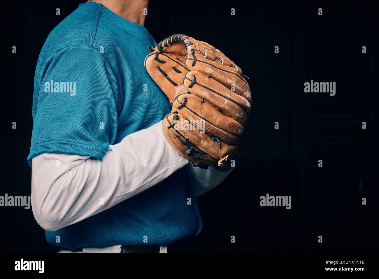 Baseball pitcher, hand and glove in studio for sport, training and ...
