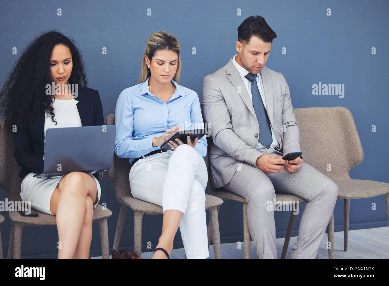 Human resources, technology and business people waiting in line for an ...