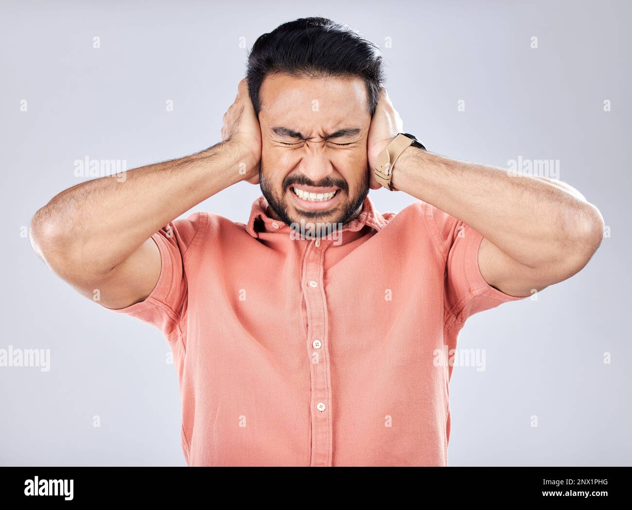 Loud, mental health and angry Asian man with schizophrenia isolated on ...