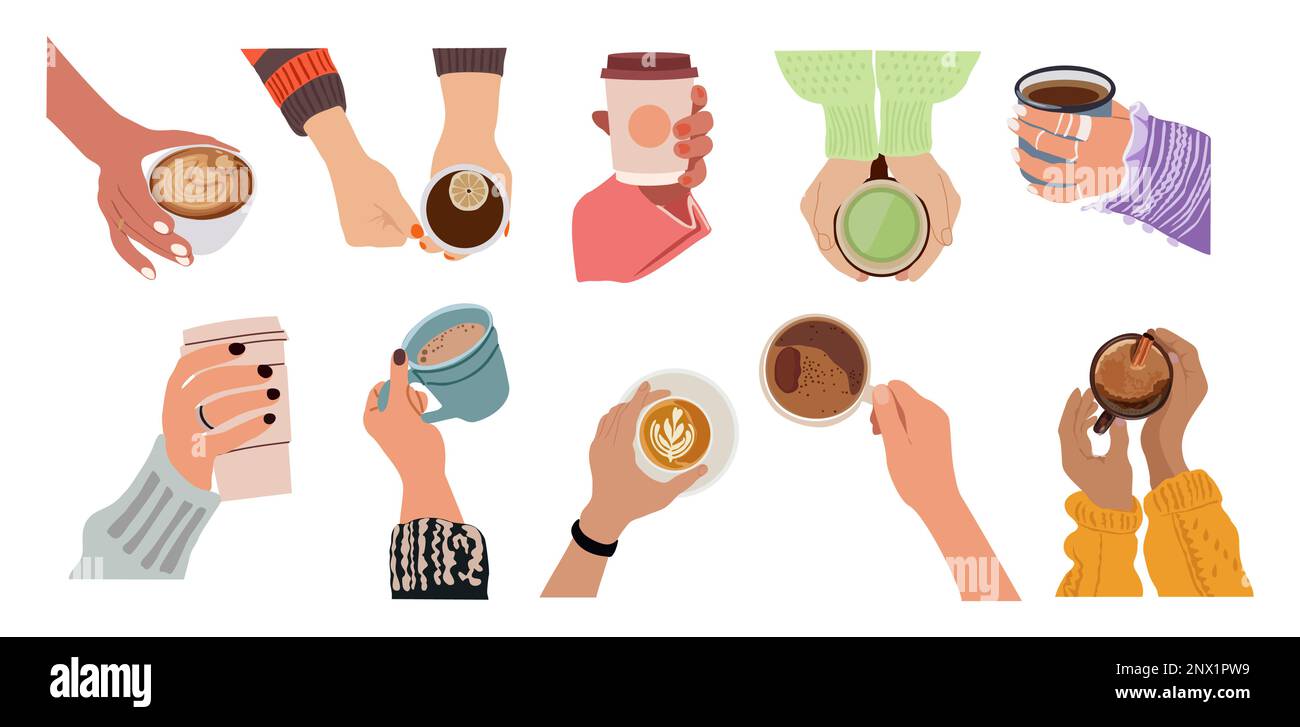 Collection of different hands holding hot drinks Stock Vector Image ...