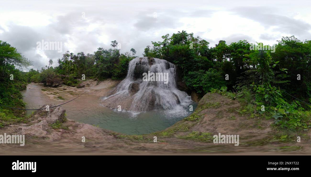 Waterfall in the rainforest jungle 360VR. Tropical Lusno falls in ...