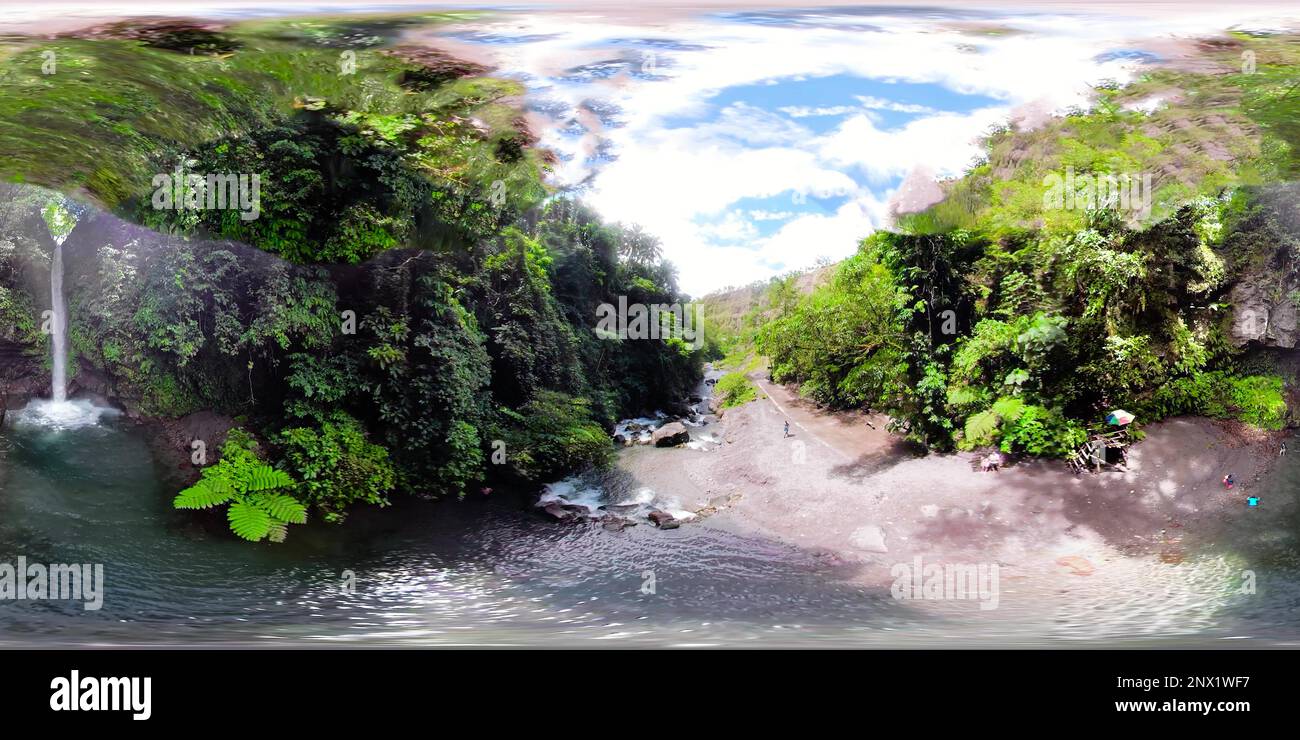 Waterfall in green rainforest 360VR. Tropical Tuasan Falls in mountain ...