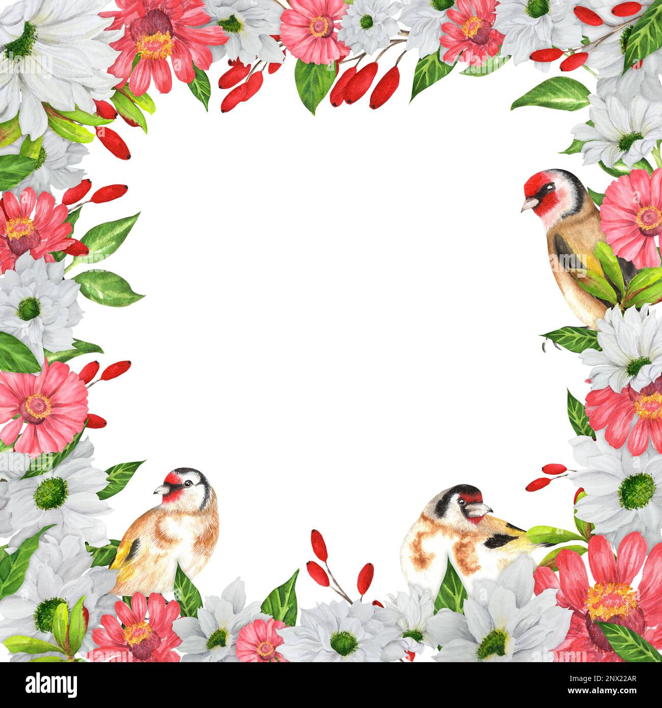 Hand-drawn watercolor frame with garden flowers and goldfinches. A ...