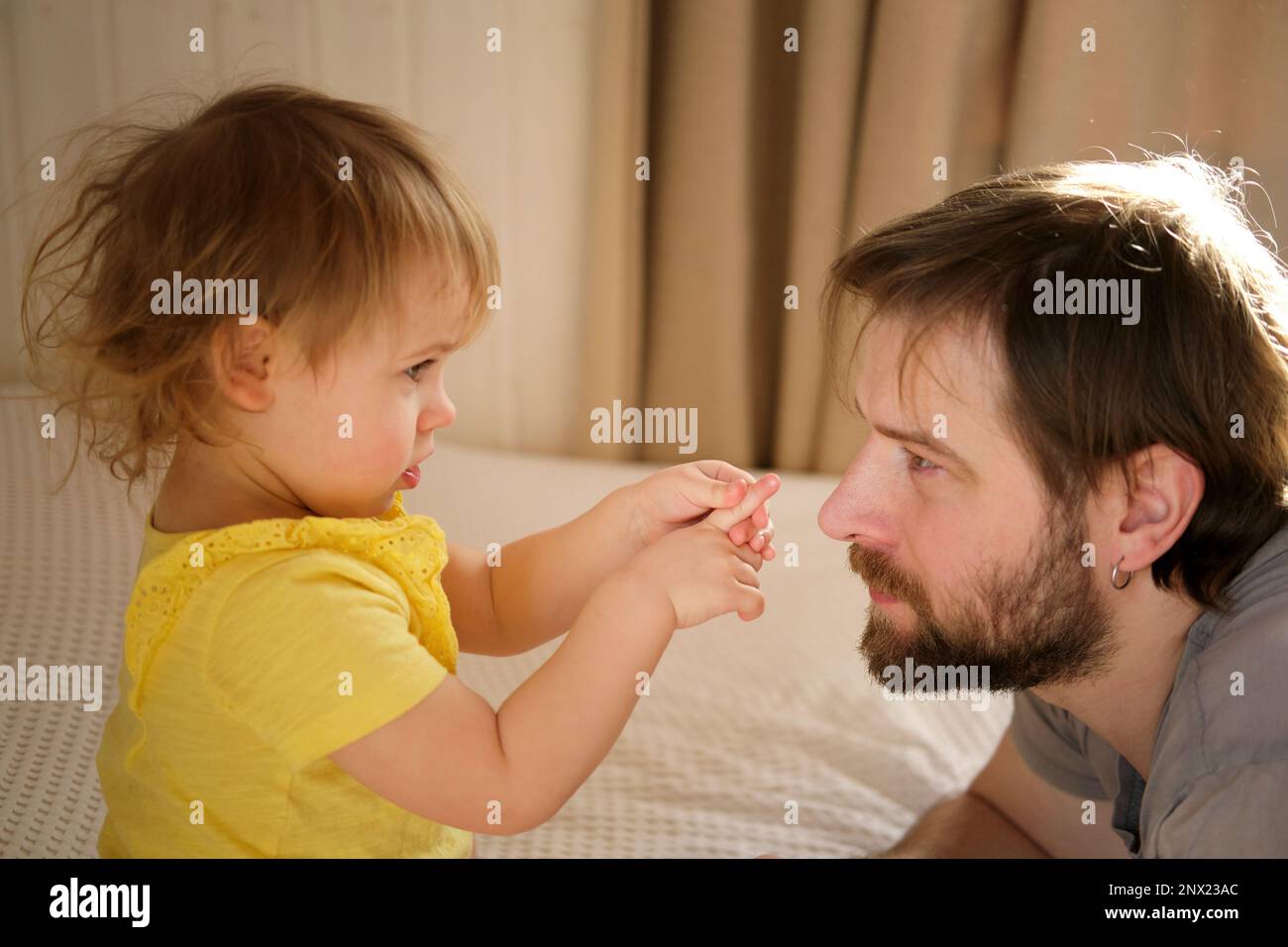 Happy Father with Daughter, Tiny Girl. One Year Baby Smiling, Laughing ...