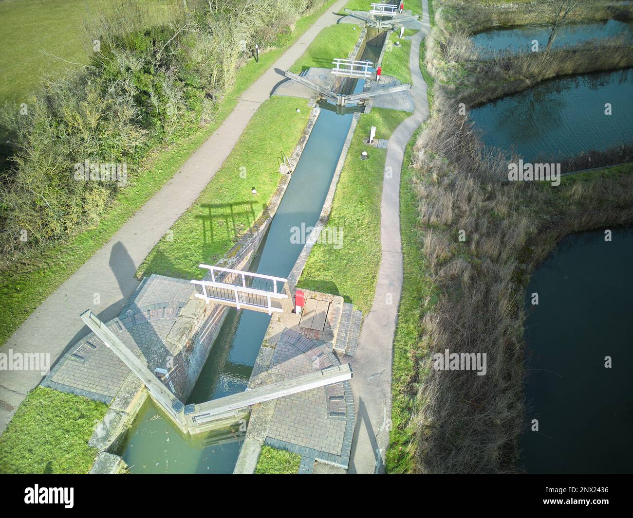 Aerial view of Foxton locks, which has longest, steepest staircase ...
