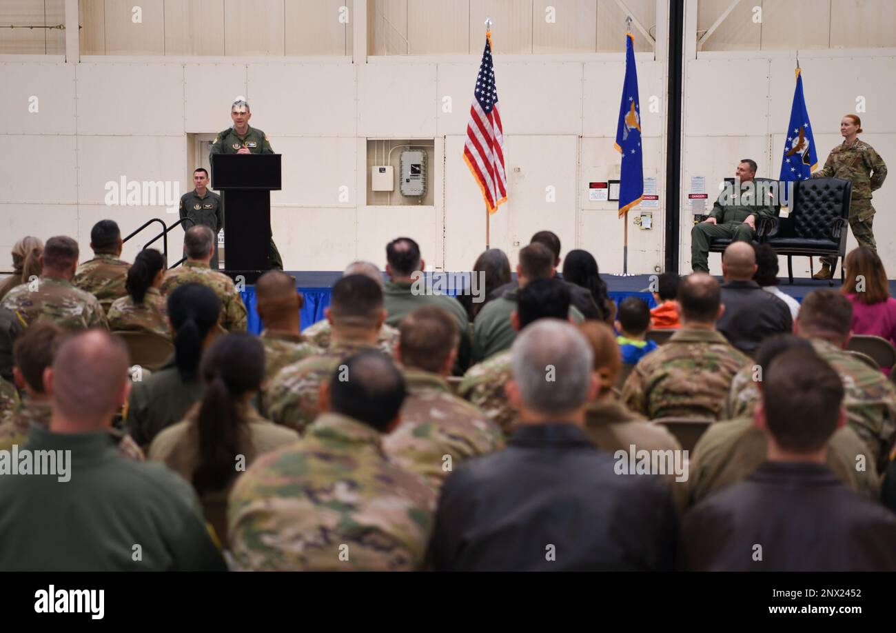 Lt. Col. Kevin Snow, 349th Operations Group commander, speaks as he ...