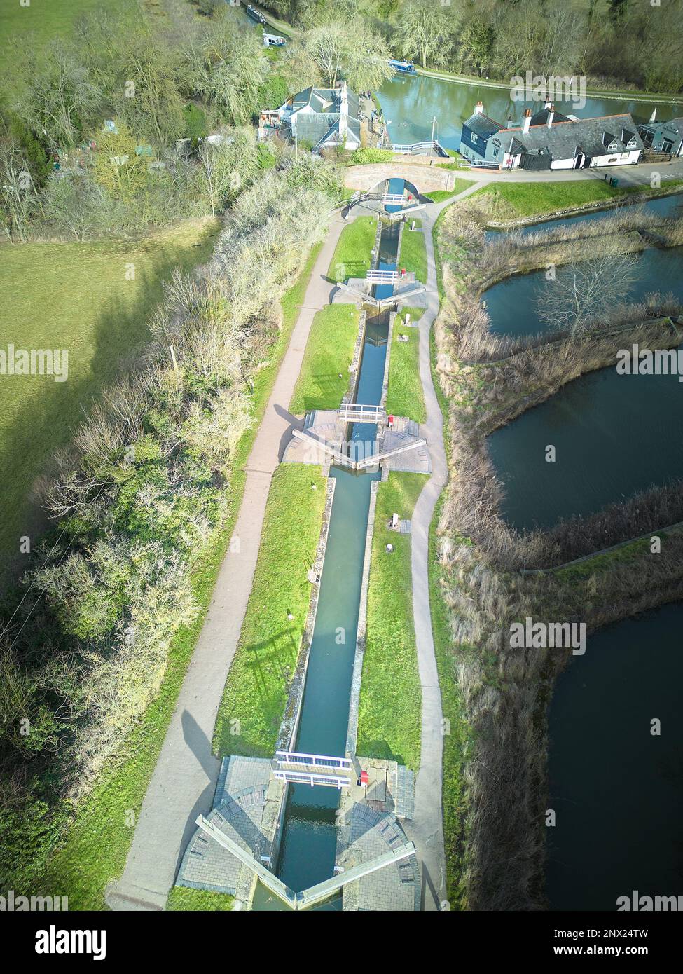 Aerial view of Foxton locks, which has longest, steepest staircase ...