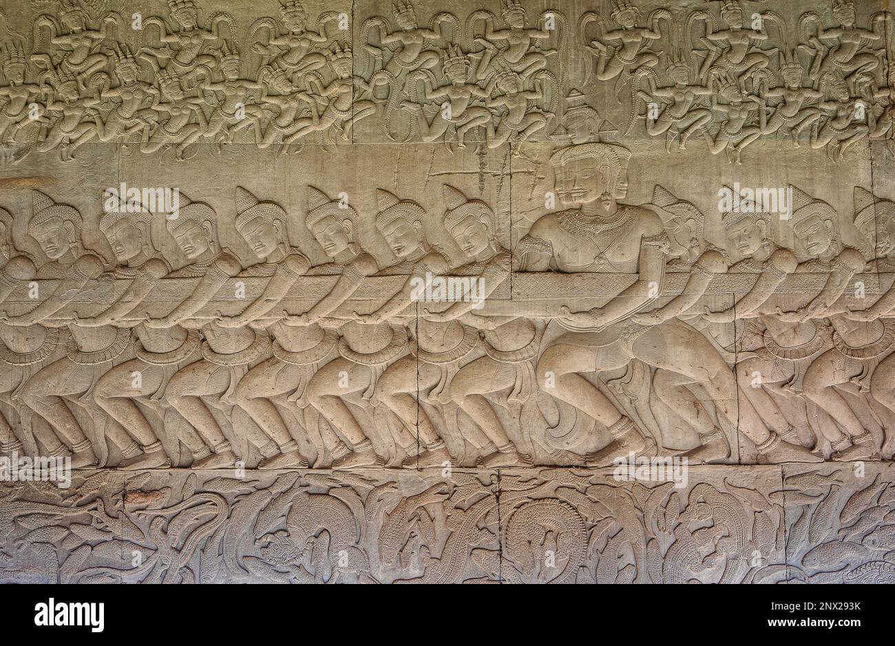 Bas relief on the wall, the Churning of the Ocean of Milk, in Angkor ...