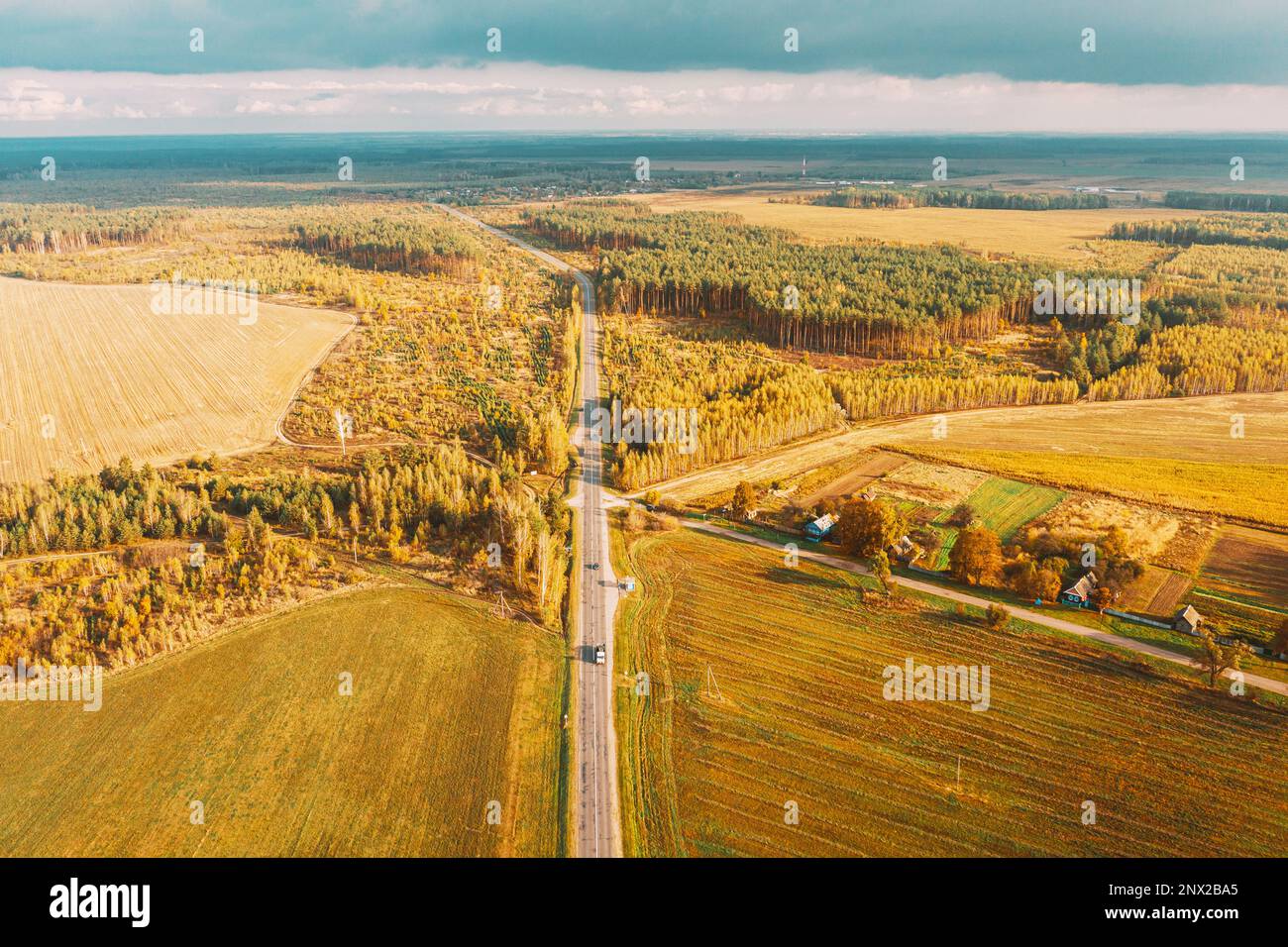 Aerial View Of Field And Deforestation Area Landscape At Summer Sunny ...