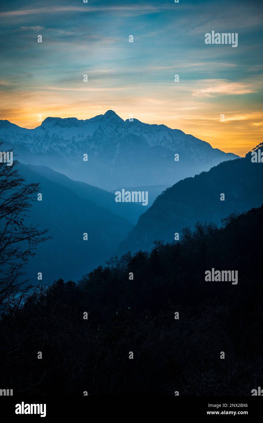 Chiusaforte and the little church of Raunis seen from above. Friuli ...
