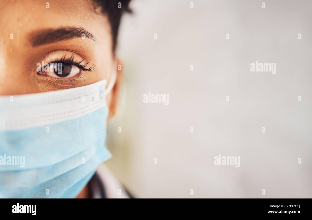 Mockup, closeup and portrait with black woman, mask and protection ...
