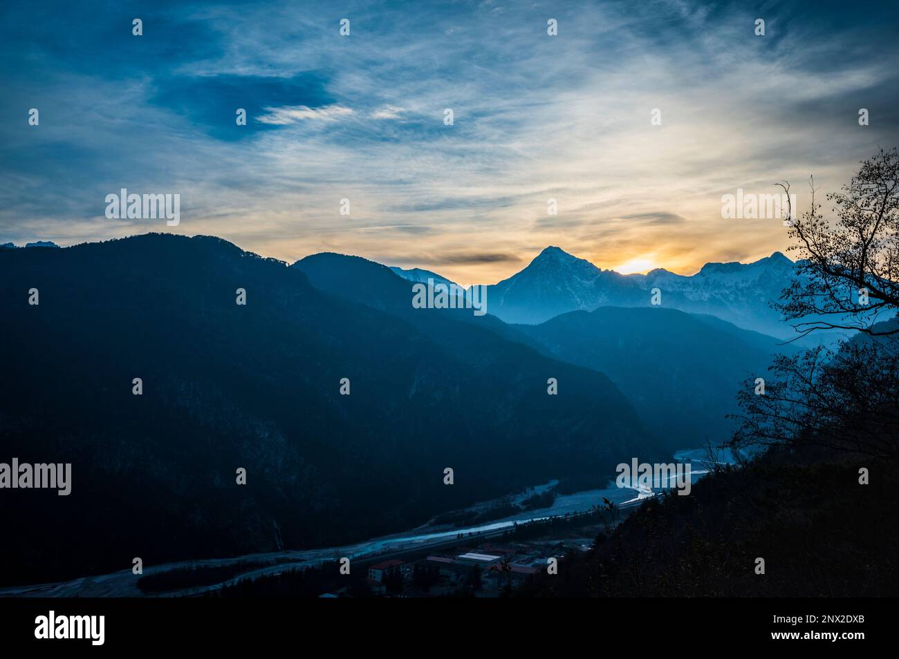 Chiusaforte and the little church of Raunis seen from above. Friuli ...