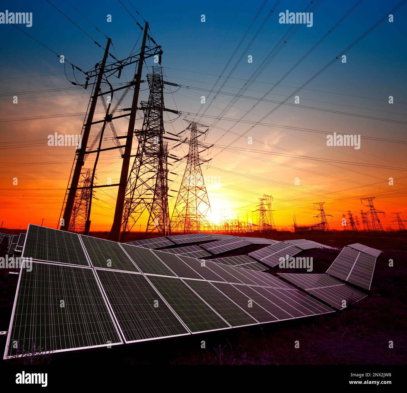 Solar panels and pylon, green environmental protection Stock Photo - Alamy