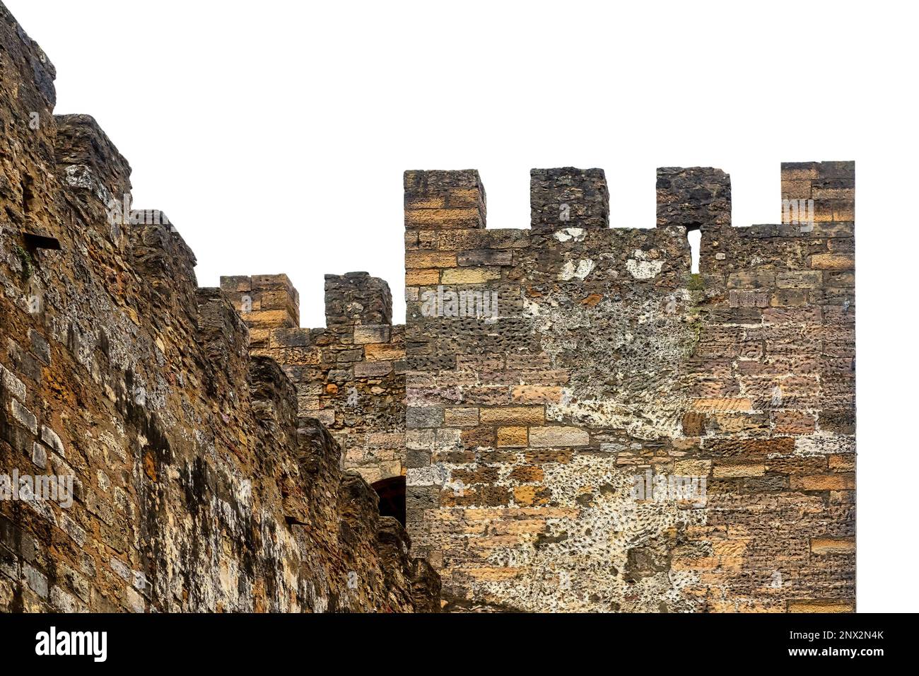 Fortified wall with tower and merlons. Exterior view of the former ...
