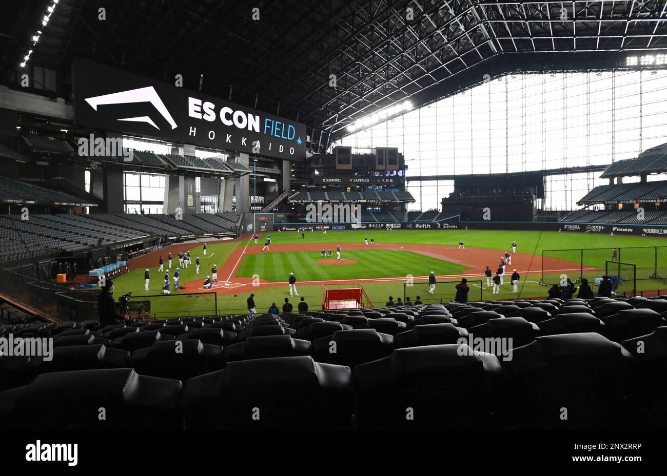 Players of Nippon Ham Fighters practice for the first time at ES CON ...