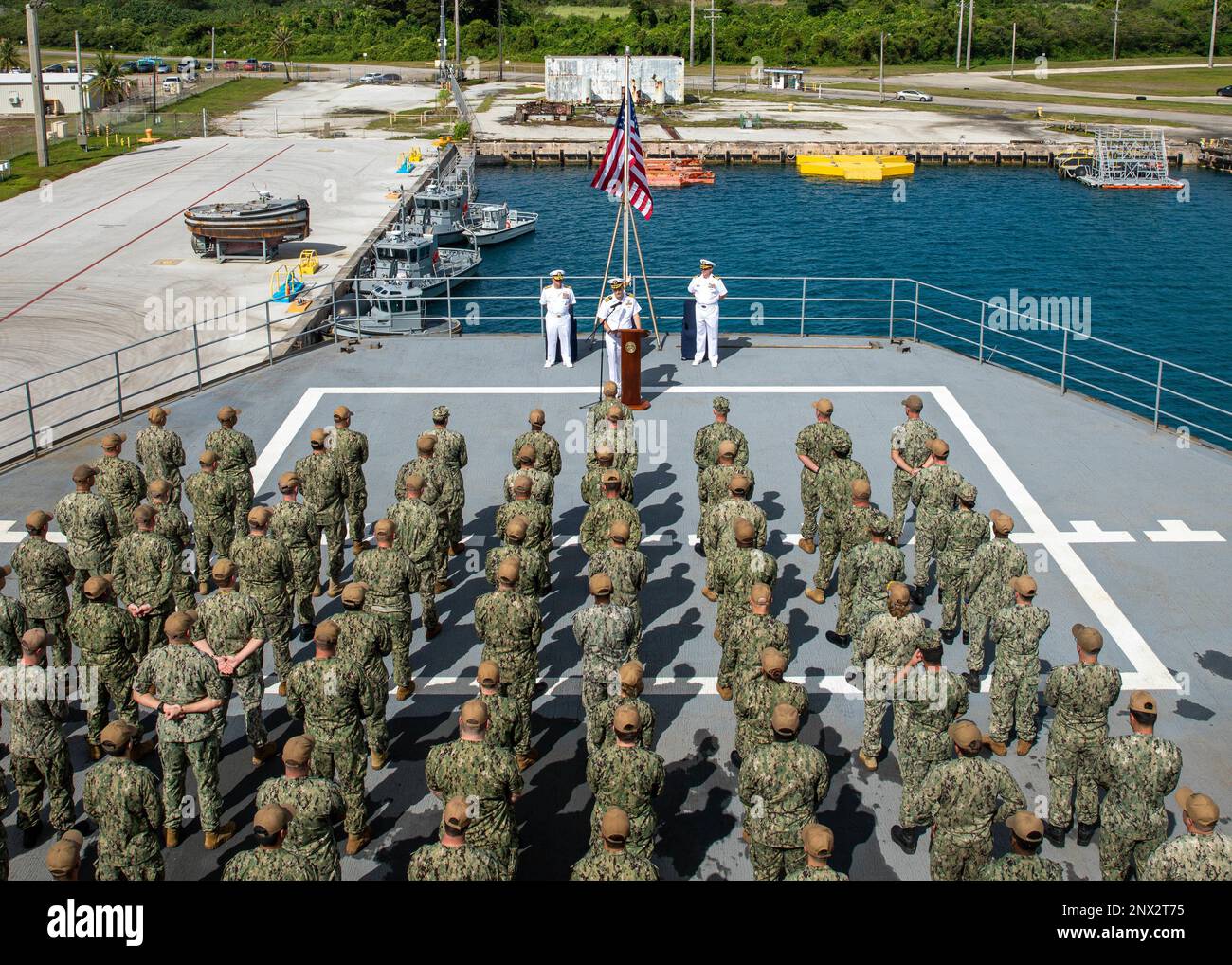 APRA HARBOR, Guam (Feb. 8, 2023) Capt. Brent Spillner, center ...