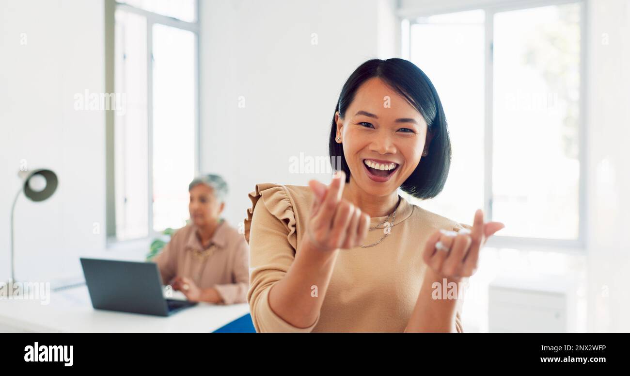 Creative asian woman, smile and peace signs walking into the office for ...