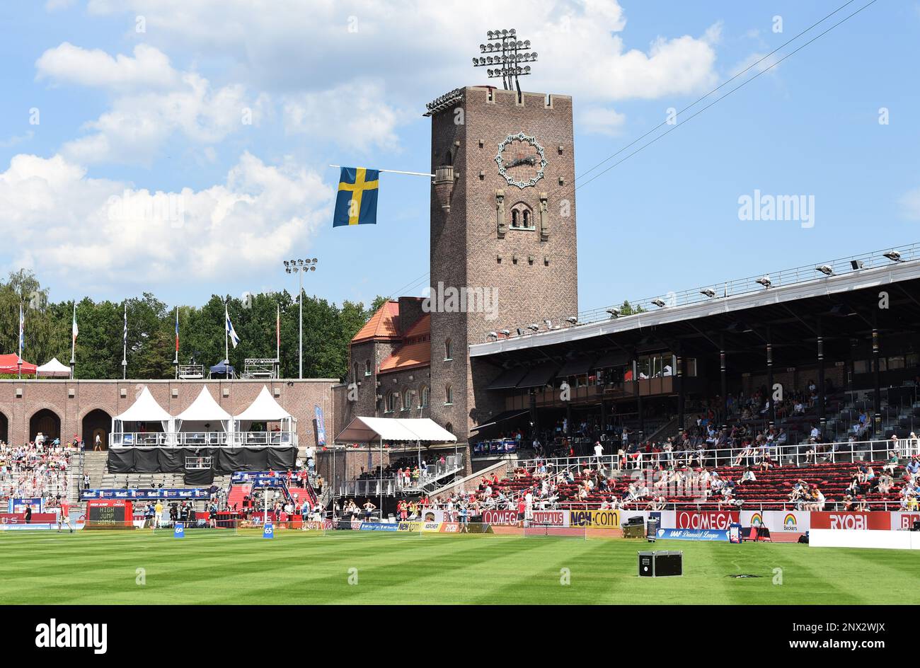 General overall view of Swedish flag at Stockholm Stadium aka Stockholm ...