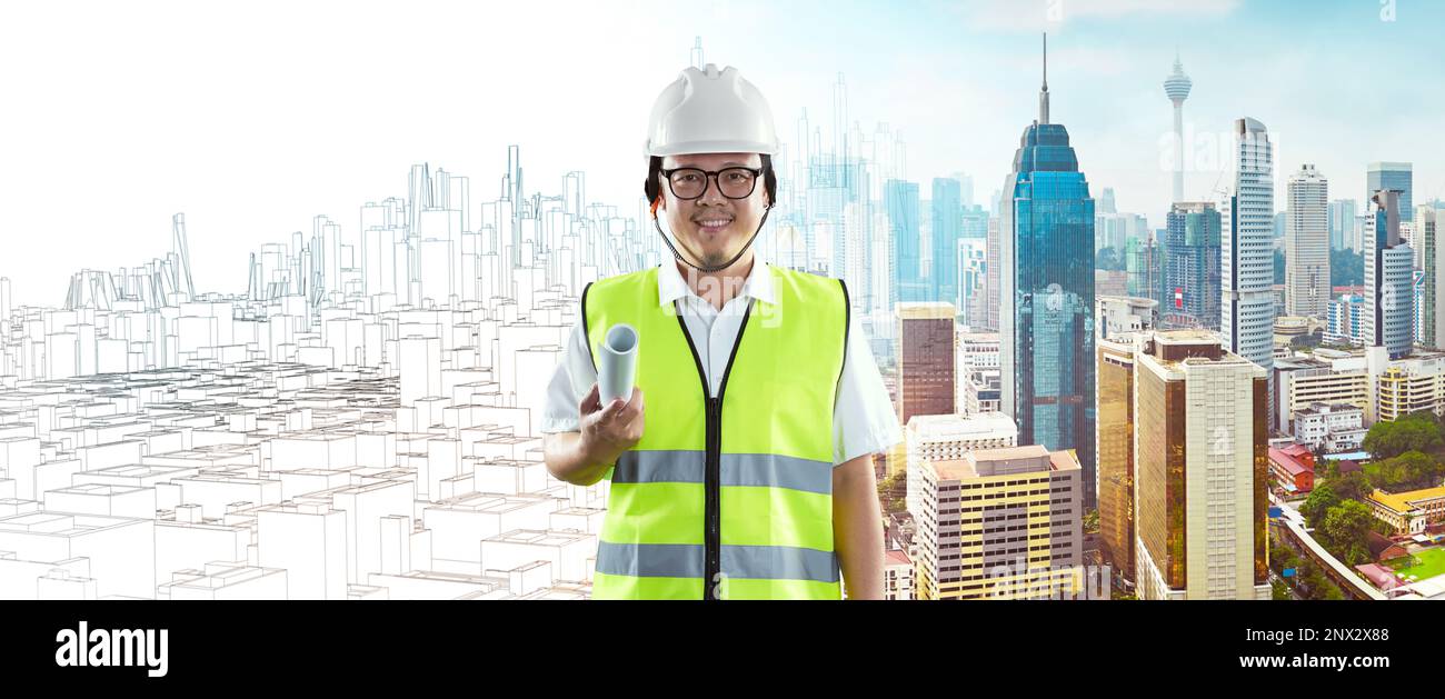 Smart city engineer with smart city blueprint background Stock Photo ...