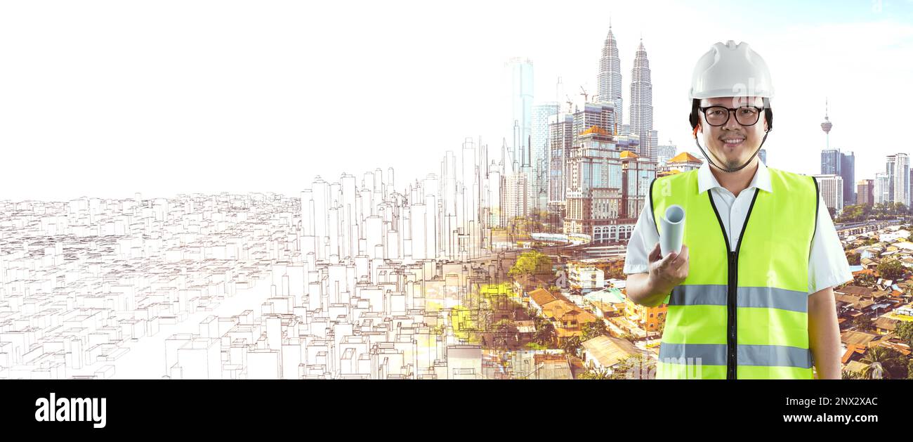 Smart city engineer with smart city blueprint background Stock Photo ...