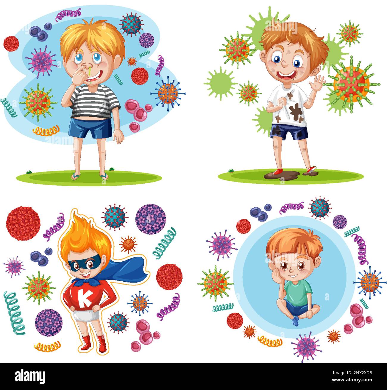 Set of boy surrounded by germ illustration Stock Vector Image & Art - Alamy