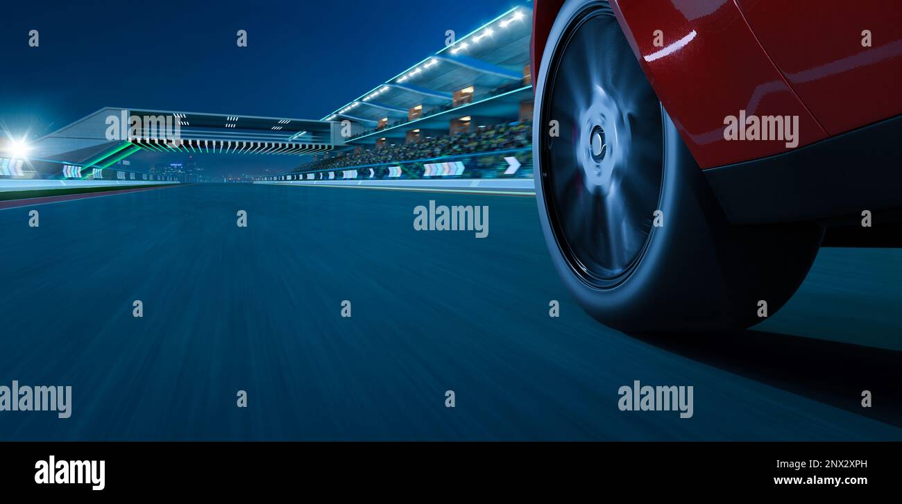 Low angle side view of car driving fast at modern international race ...